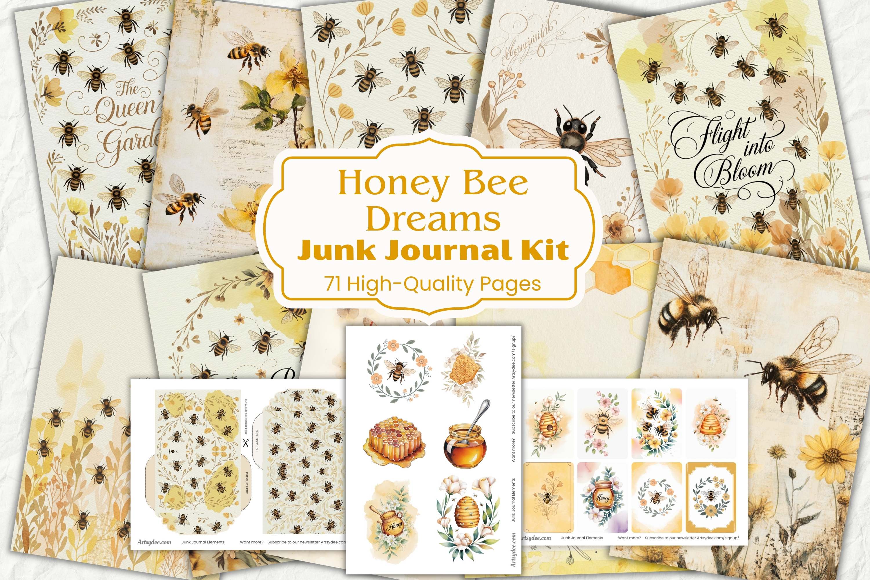 Honey Dreams Bee Junk Journal Kit – 71 Gorgeous Bee-Themed Pages ...