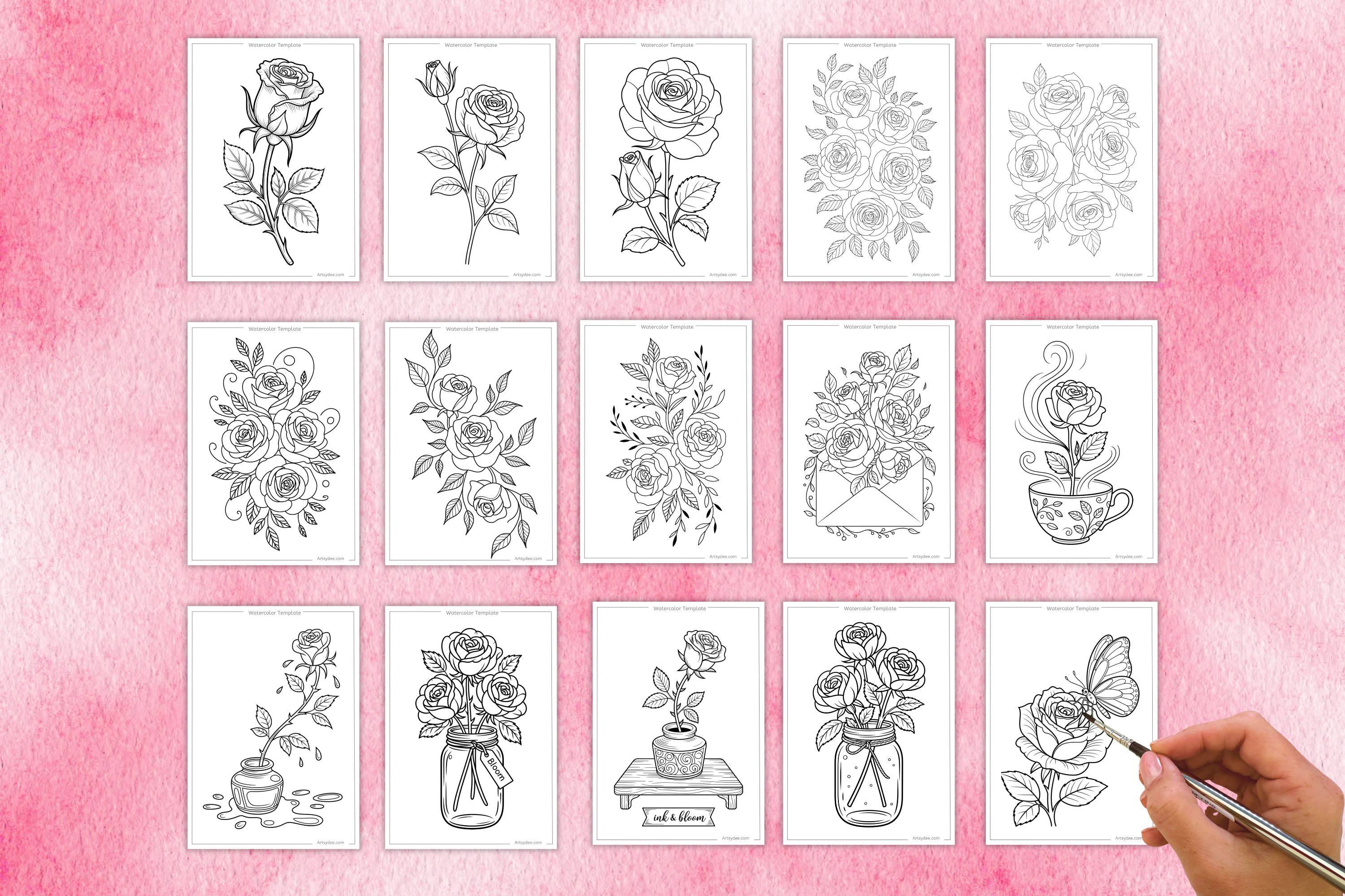 Rose Watercolor Sketch Outlines – 33 Premium Templates for Painting ...