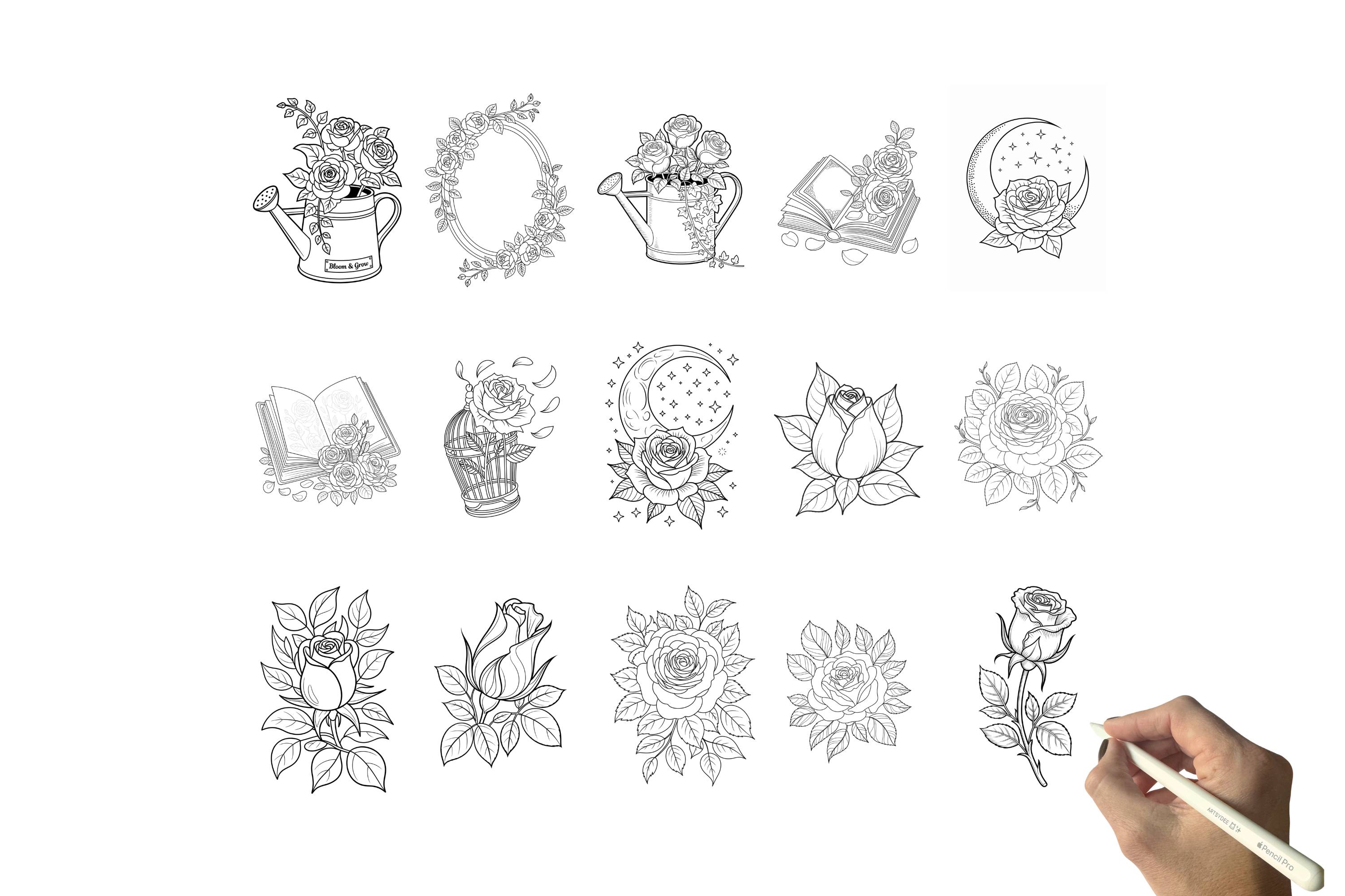Rose Watercolor Sketch Outlines – 33 Premium Templates for Painting ...