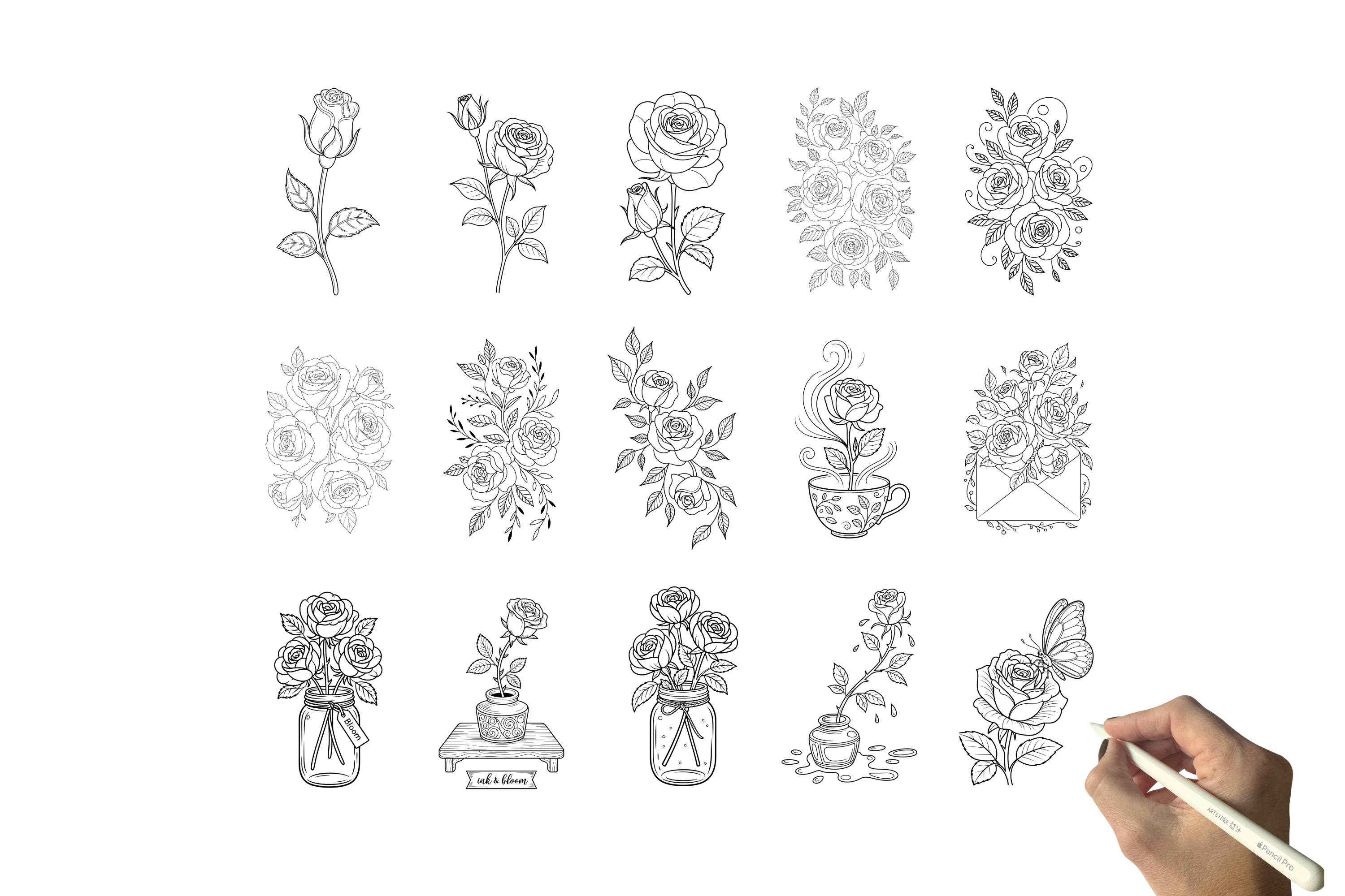 Rose Watercolor Sketch Outlines – 33 Premium Templates for Painting ...