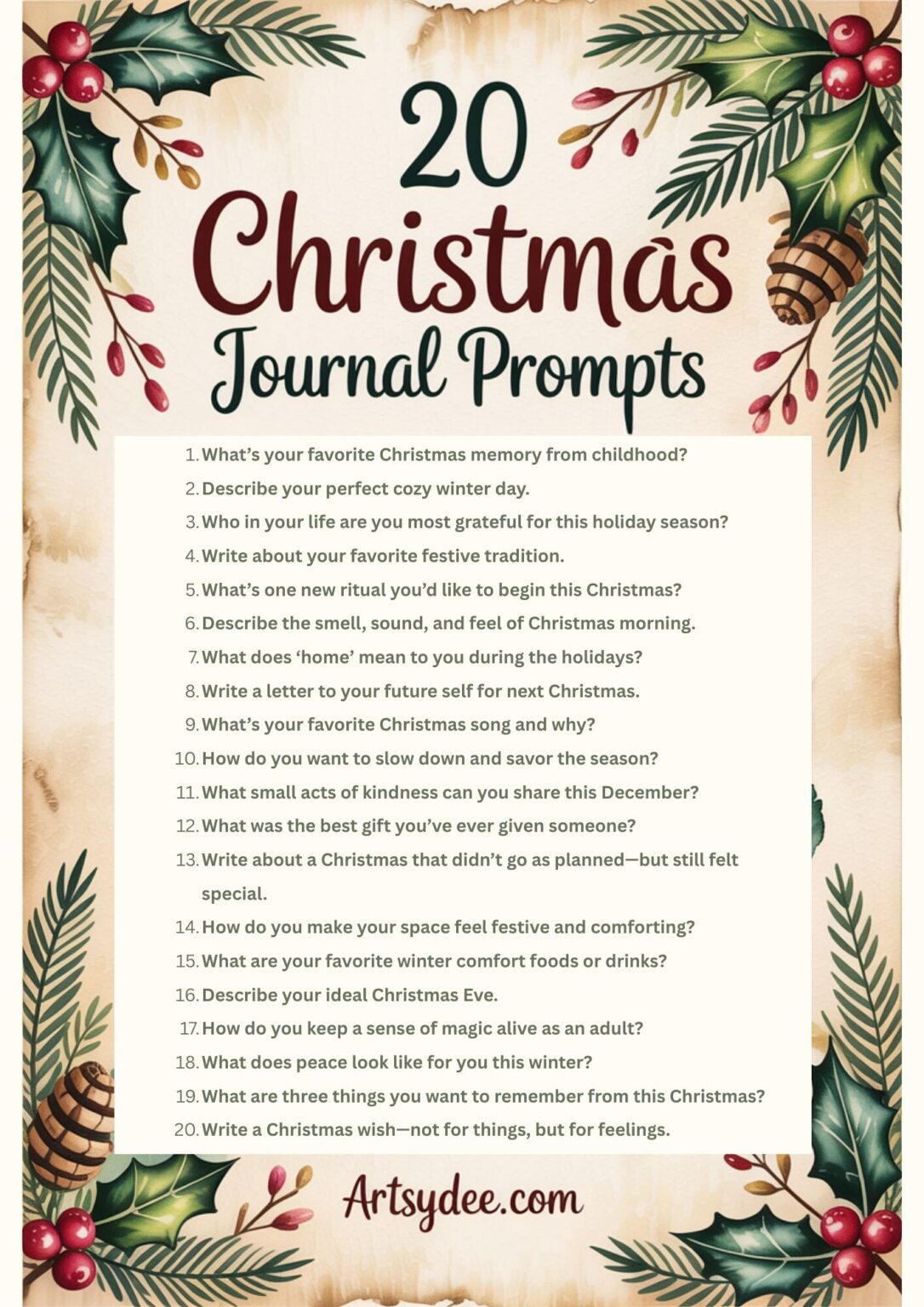 Christmas Journal Prompts Free Printable (20 Festive Writing Ideas ...