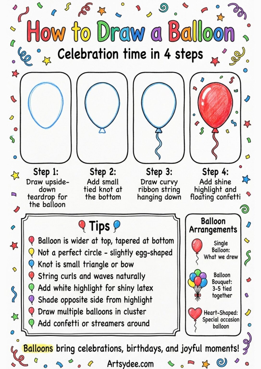 How to Draw a Balloon: Easy Step-by-Step Party Drawing Tutorial + Free ...